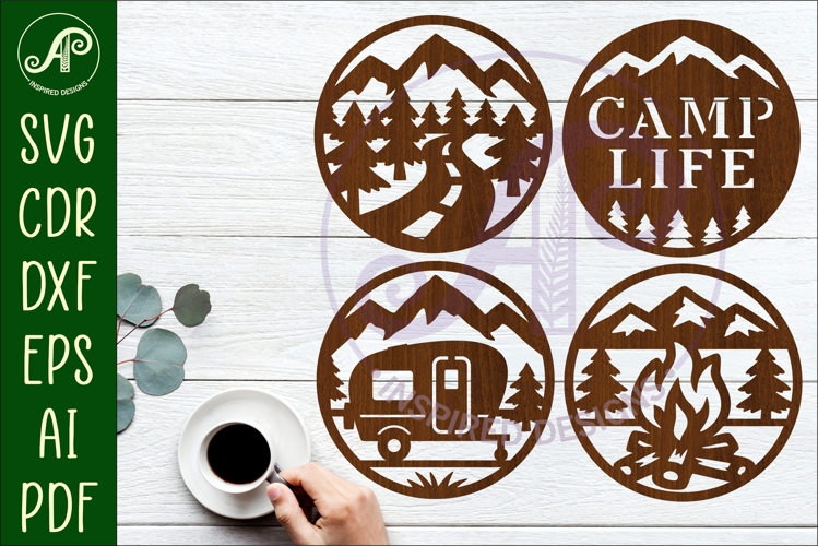 Camper Coasters, laser cut out camping, mountains (6459148)
