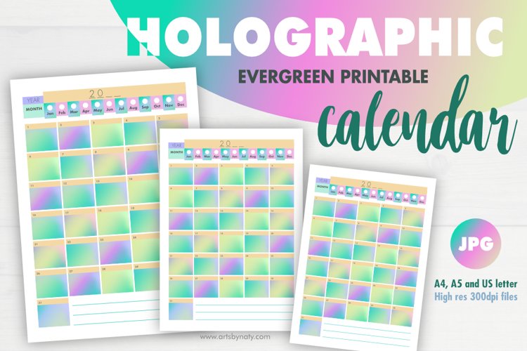 Holographic evergreen printable calendar.