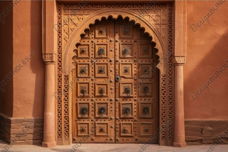 Ornate moroccan door in terracotta walls, showcasing intrica