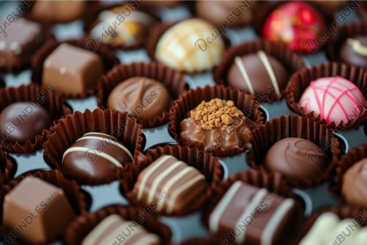 Close-up of a variety of luxurious chocolates in a box, perf
