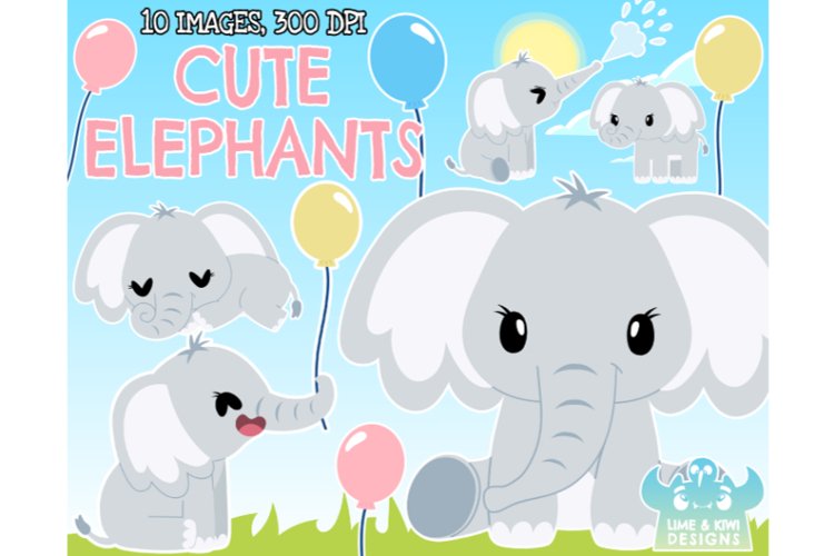 Cute Elephants Clipart, Instant Download Vector Art