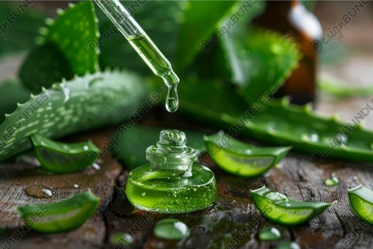 Dropper pouring aloe vera gel into bottle with fresh cut lea