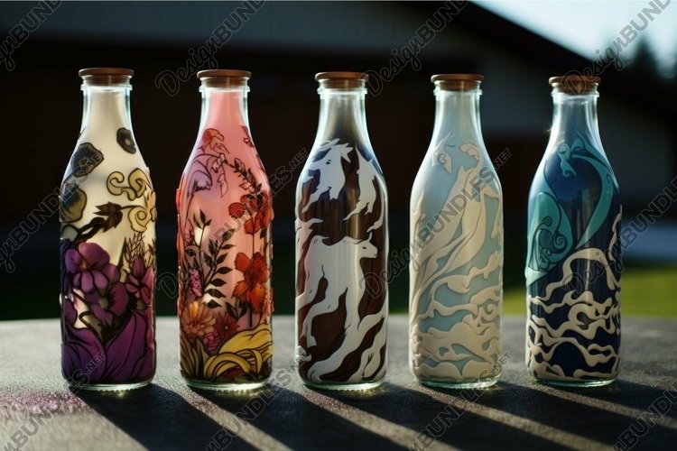 Artistic decorative painted bottles in sunlight