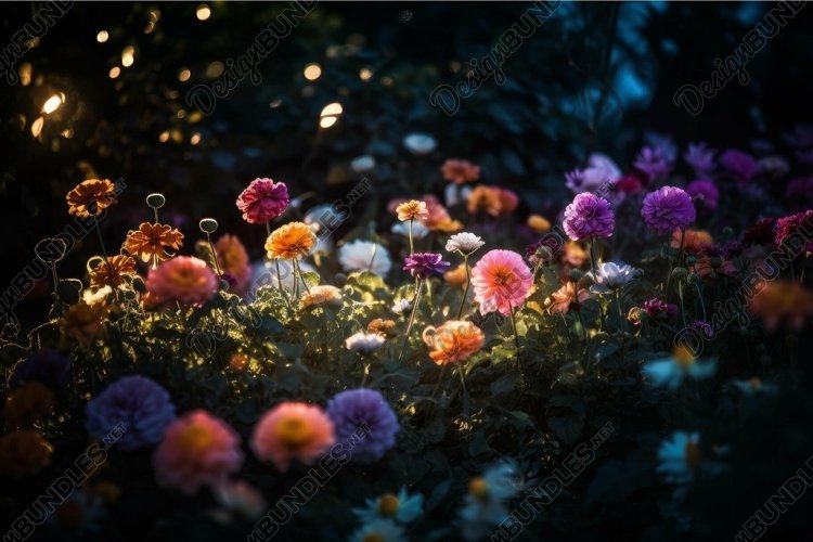Delicate flowers illuminated by warm, twinkling lights at du