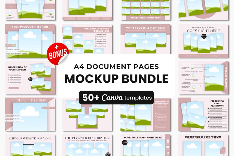A4 Document Canva Mockup Templates Bundle Pink