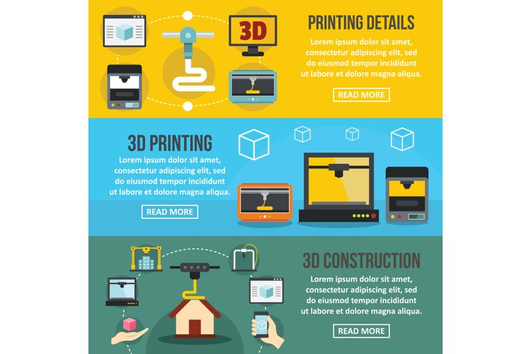 3D printing banner horizontal set, flat style
