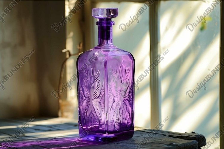 Antique purple glass decanter casting shadow on wooden table