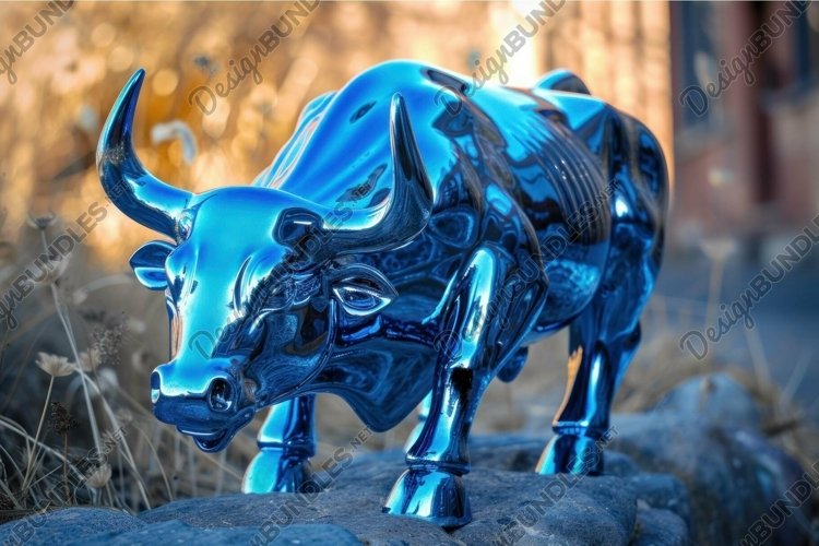 Shiny blue bull sculpture at dusk