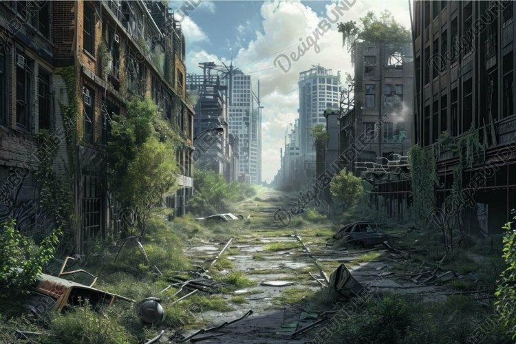 Artistic depiction of a deserted city street overgrown with