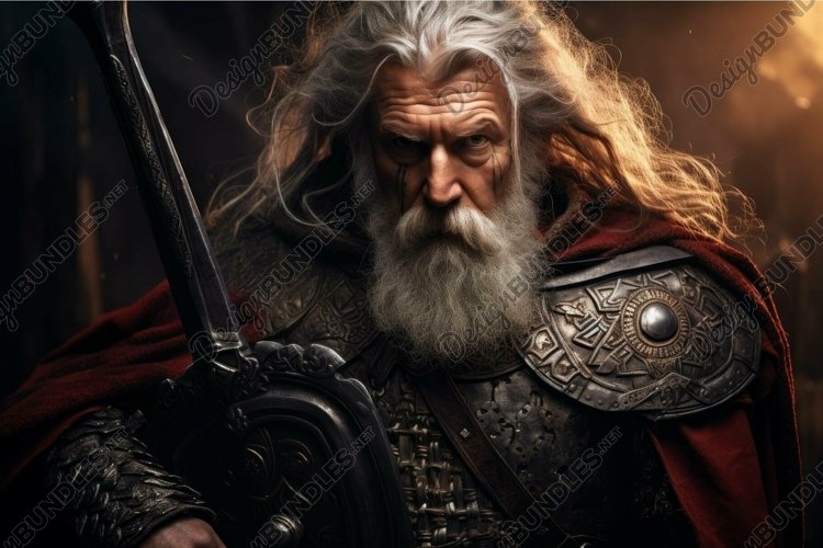 Dramatic portrait of an aged warrior king in regal armor hol