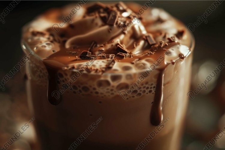 Closeup of a creamy chocolate milkshake topped with chocolat
