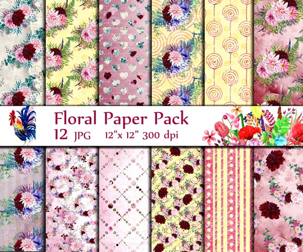 Watercolor floral digital papers (30277)