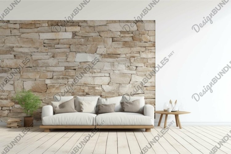 Modern living room with stone wall accent