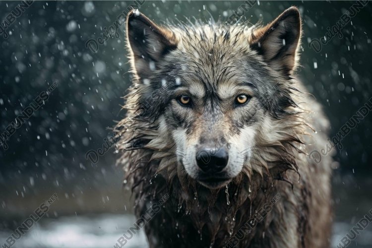 Intense wolf in falling snow