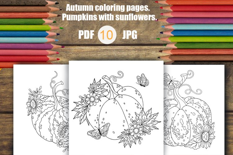 Autumn coloring. Pumpkins with sunflowers and butterflies.