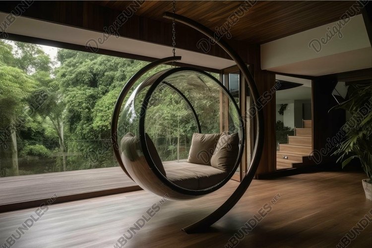 Modern hanging chair in a cozy nature-inspired living space