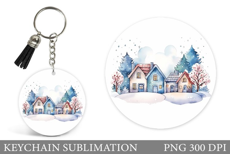 Winter Houses Keychain Design. Winter Keychain Sublimation