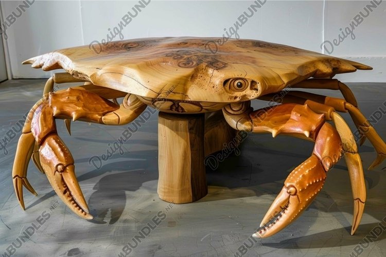 Handcrafted wooden crab sculpture on display
