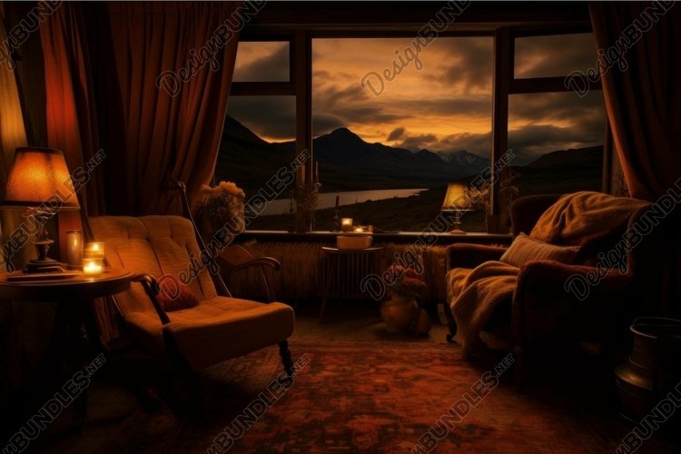 Cozy evening interior with lake view at sunset