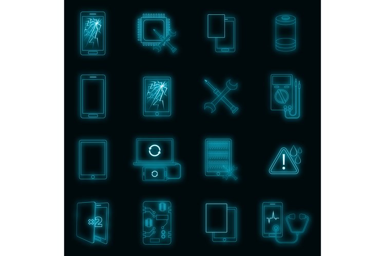Broken phones fix icons set vector neon
