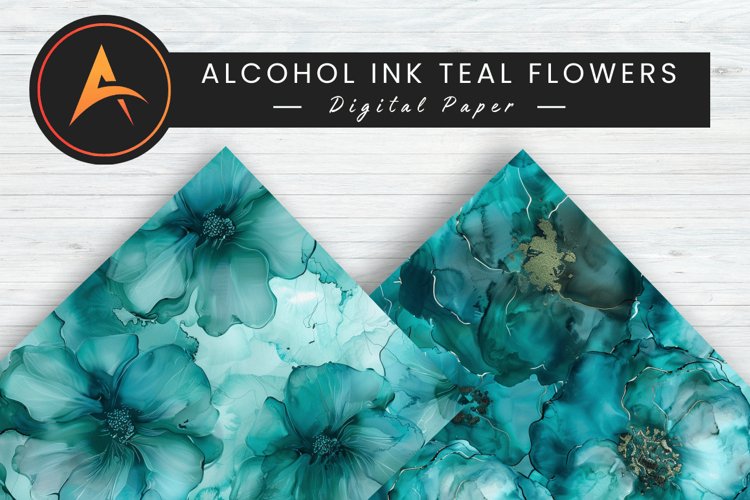 Alcohol Ink Teal Flowers Digital Paper