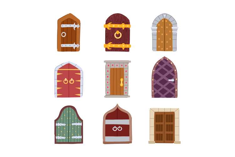 ancient medieval door set cartoon vector (6556844)