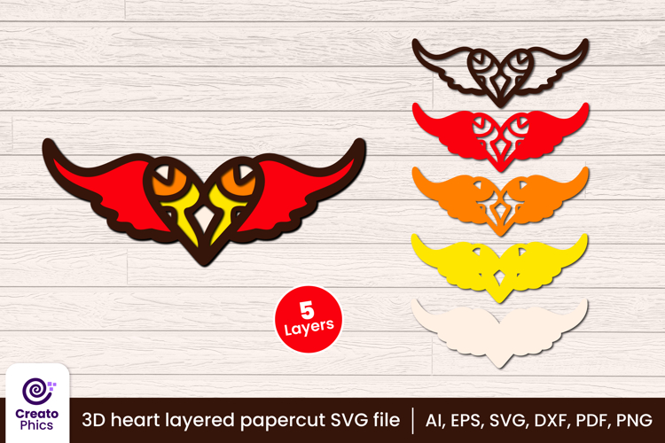 3D layered heart wings papercut file | angel wings SVG