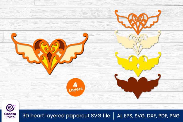 3D layered heart wings papercut file | angel wings SVG