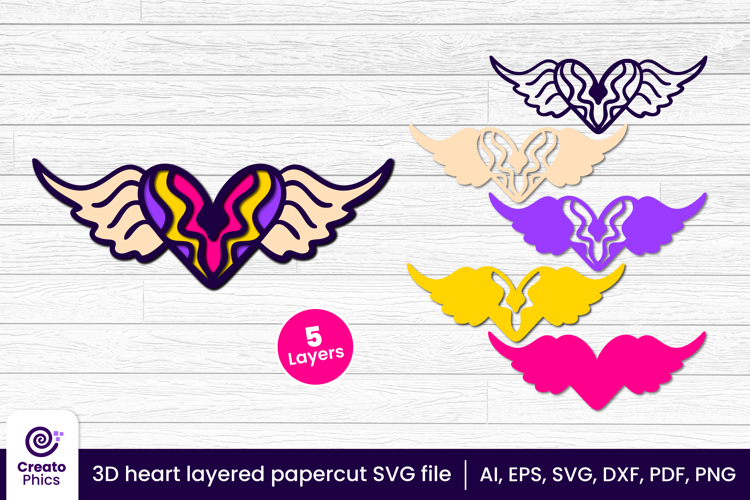 3D layered heart wings papercut file | angel wings SVG