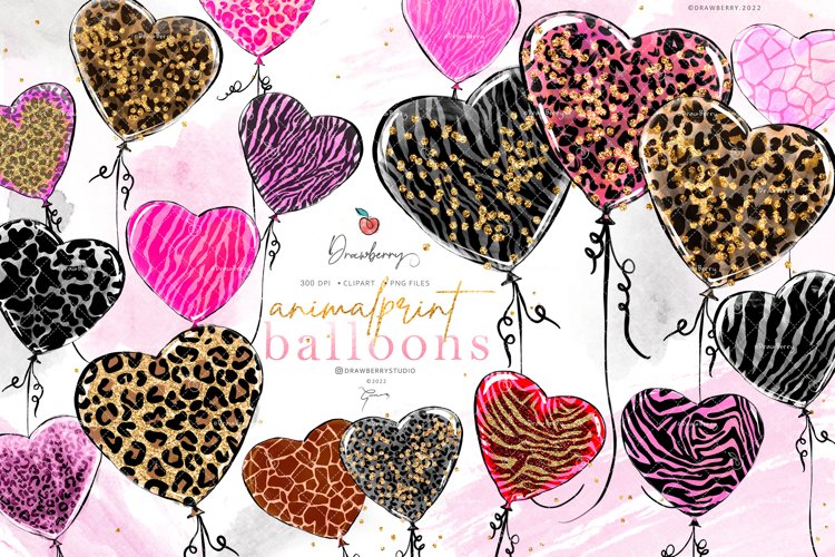 Animal Print Balloons Clipart, Heart Balloons in pink cp148