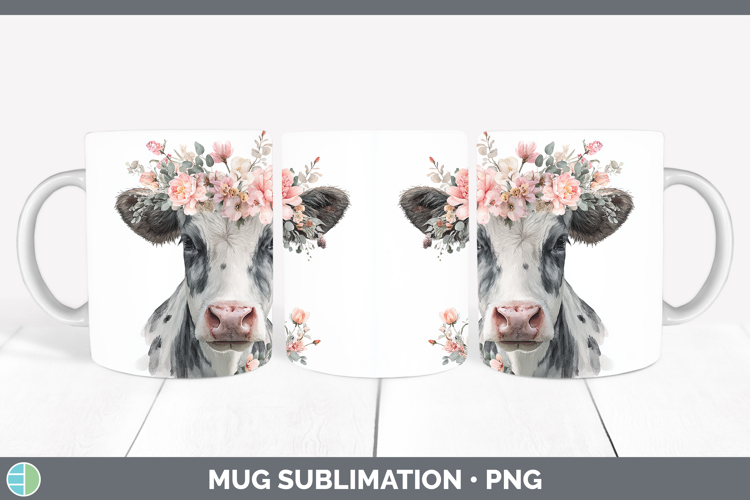 Cow Animals Floral Crown Mug Wrap Sublimation Design