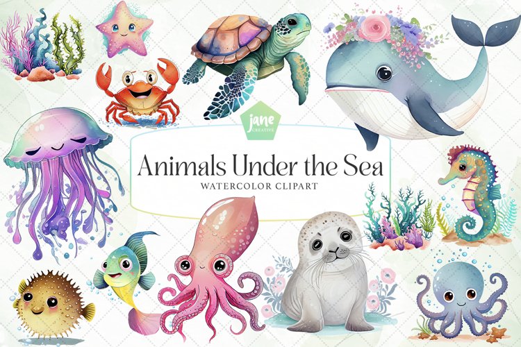 Animals Under The Sea Watercolor Sublimation Clipart
