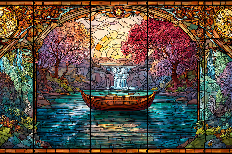 A serene stained glass artwork of a boat on a river