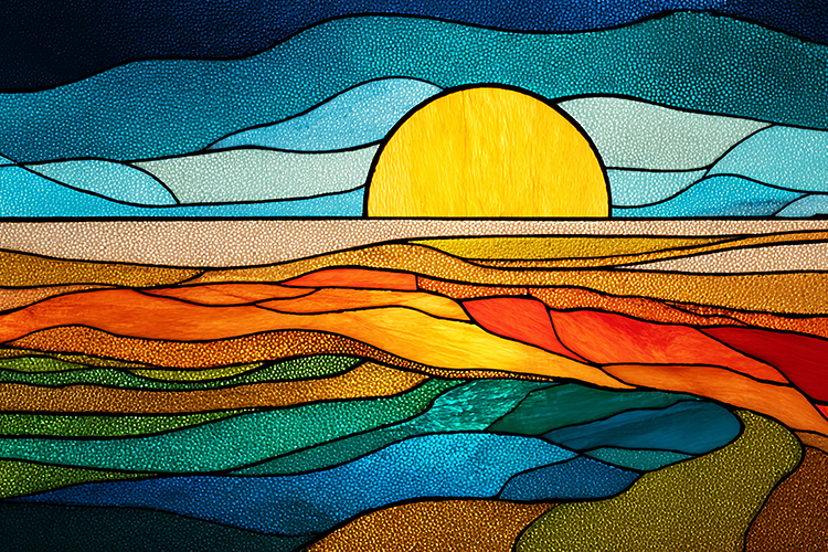 A vibrant stained glass depicting a serene sunset landscasps
