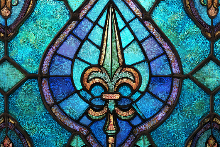 A stained glass window with a fleur-de-lis design