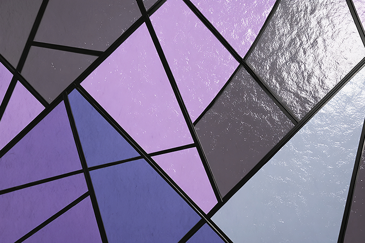 A close-up of a stained glass with purple and gray panes