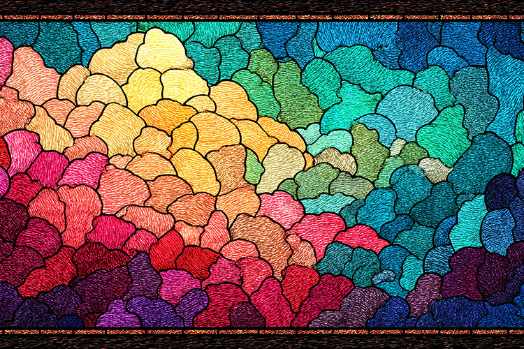 A vibrant and colorful abstract artwork with a stained glass