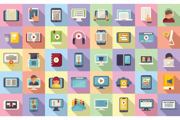 Online training icons set flat vector. Distance (1788802)