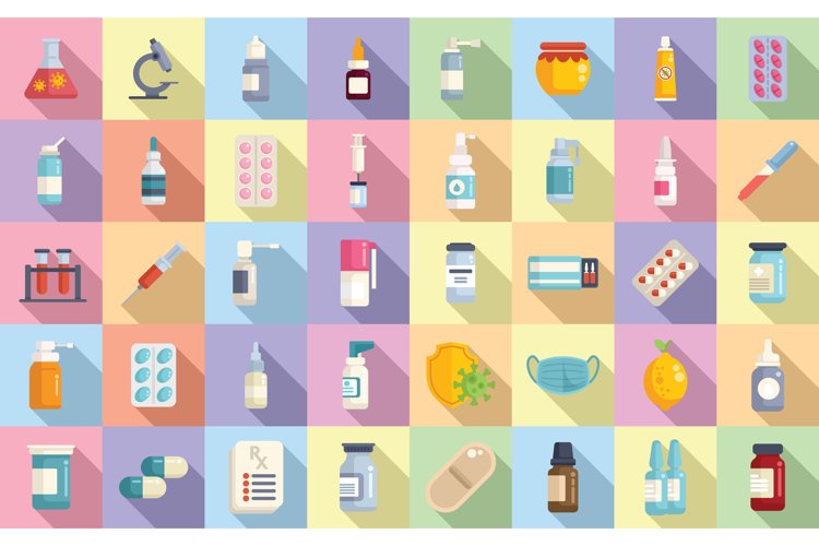 Antiviral medicines icons set flat vector. Covid syringe