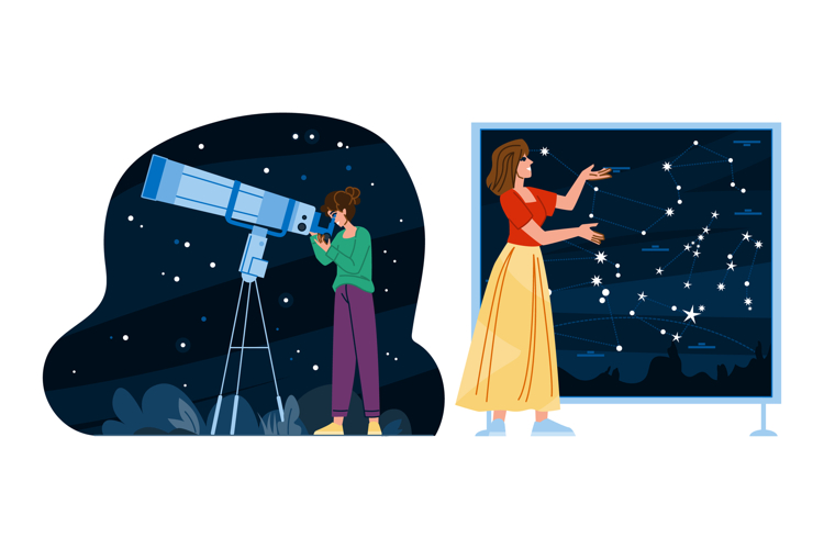 Women exploring space and constellations with telescope