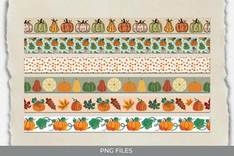 Autumn Leaves and Pumpkin Seamless Pattern Strips