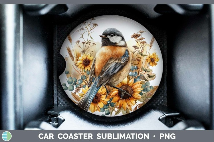 Autumn Sunflowers Chickadee Car Coaster Sublimation Coaster