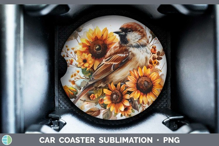Autumn Sunflowers Chickadee Car Coaster Sublimation Coaster