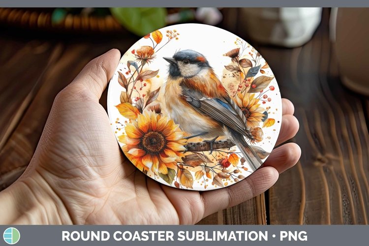 Autumn Sunflowers Chickadee Round Coaster Sublimation Coaste