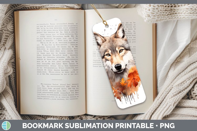 Autumn Watercolor Wolf Bookmark Sublimation Printable Design