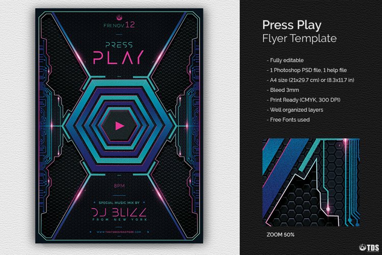 Press Play Flyer Template (14619) | Flyers | Design Bundles