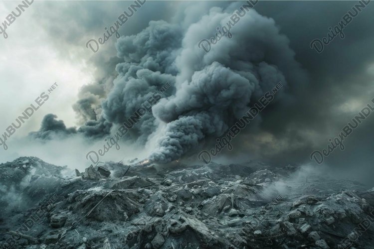 Volcanic eruption landscape with ash cloud