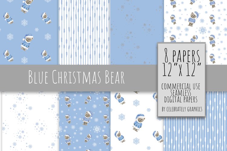 Blue Christmas Bear Digital Paper
