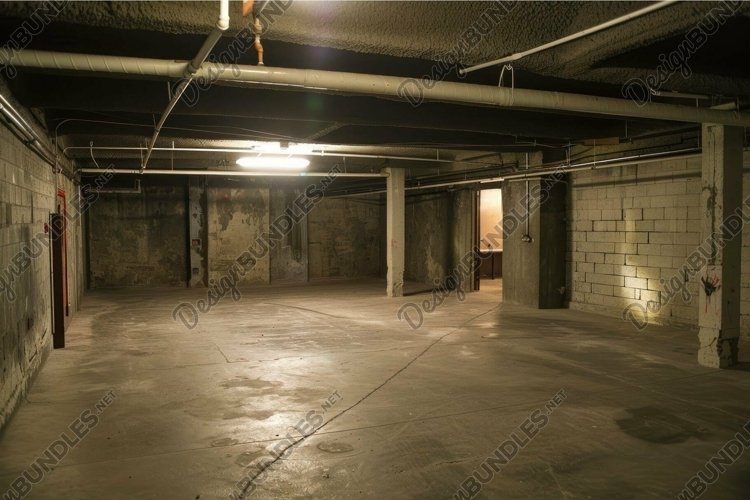 Abandoned basement interior with dim lighting