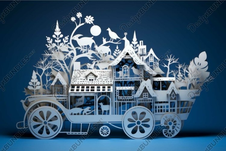 Enchanted paper carriage with fantasy landscape